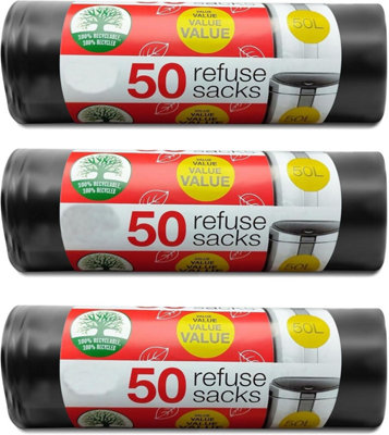 KAV Heavy Duty Refuse Sacks Bin Bags - 50L Black Bin Liners, Extra ...