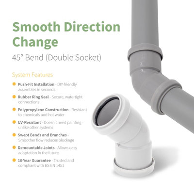 Kayflow 40mm Push-Fit 45 Degrees Swept Bend (Double Socket) - Black
