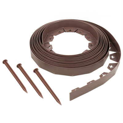 KCT 10m Metre Brown Flexible Plastic Lawn Edging Grass Border with Pegs ...