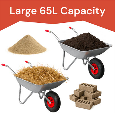 KCT 65L Litre Wheelbarrow Garden Barrow Galvanised Steel Metal with ...