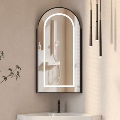 KEEPREAPER Sleek Arched Corner Mirror Cabinet with LED Lights and ...