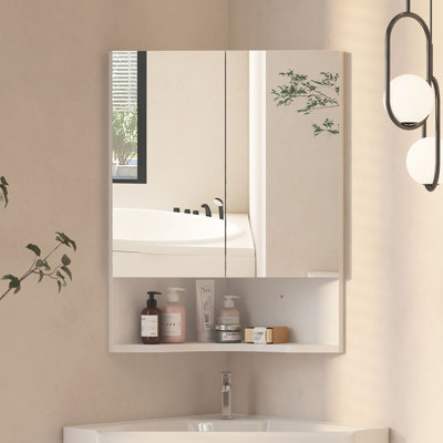 KEEPREAPER Sleek Corner Bathroom Mirror Cabinet with Storage 47 x 60 cm ...