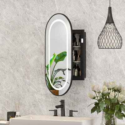 KEEPREAPER Sleek LED Bathroom Mirror Cabinet 42x80 Oval Black Wall ...