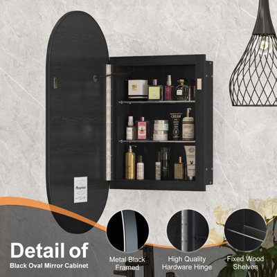 KEEPREAPER Sleek LED Bathroom Mirror Cabinet 42x80 Oval Black Wall ...