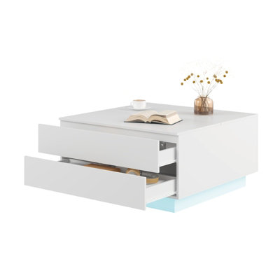 KEEPREAPER Square White Coffee Table with Flip Cover 2 Drawers Led ...