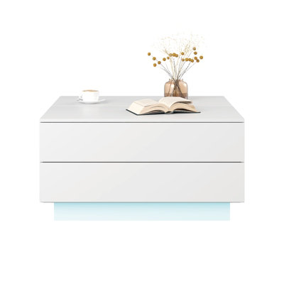 KEEPREAPER Square White Coffee Table with Flip Cover 2 Drawers Led ...