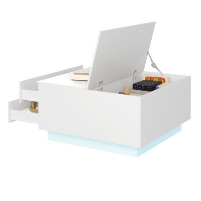 KEEPREAPER Square White Coffee Table with Flip Cover 2 Drawers Led ...