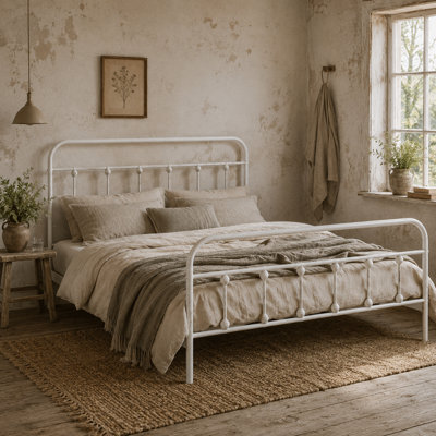 Keli 4ft6 White Metal Double Bed Frame - Minimalist Gloss Steel, L140 x ...