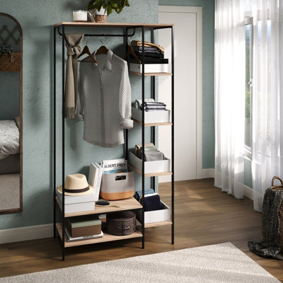 KELLY OAK EFFECT OPEN WARDROBE WITH SIDE SHELF STORAGE - RUSTIC ...