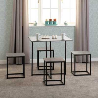 Kent Stowaway Dining Table and 4 Stool Set Stone Effect and Black