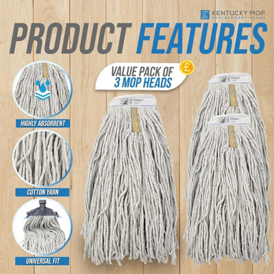 Kentucky Mop Heads 3 Pack 16oz Cotton Replacement Heavy Duty Cleaning