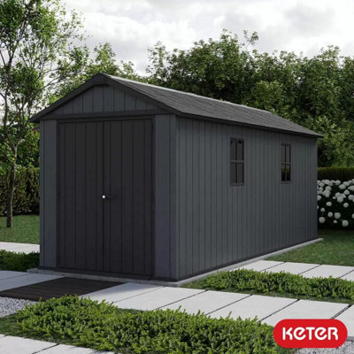Keter Newton Plus 7.5x17.6 ft Front Entry Outdoor Storage Shed, Evotech ...