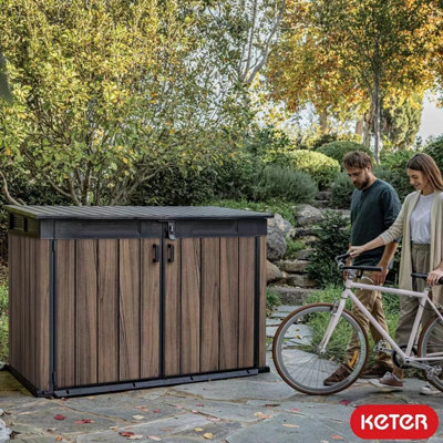 Keter Rosewood Horizon 2020L Outdoor Storage Shed, Horizontal Bin Store ...
