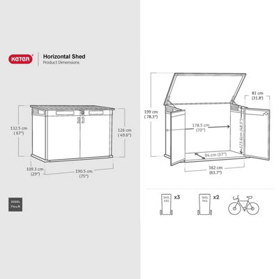 Keter Rosewood Horizon 2020L Outdoor Storage Shed, Horizontal Bin Store ...