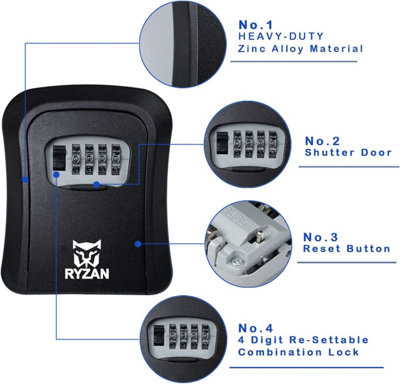 Key Safe Box 4 Digit Combination Code Wall-Mounted Heavy Duty High ...
