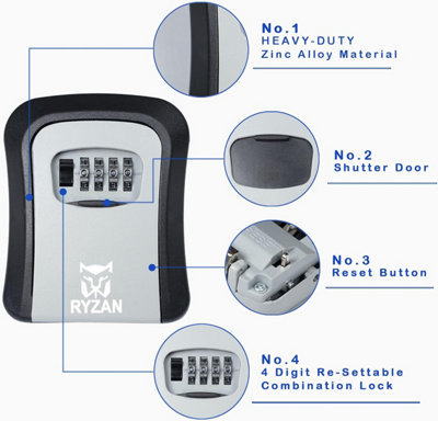 Key Safe Box 4 Digit Combination Code Wall-Mounted Heavy Duty High ...
