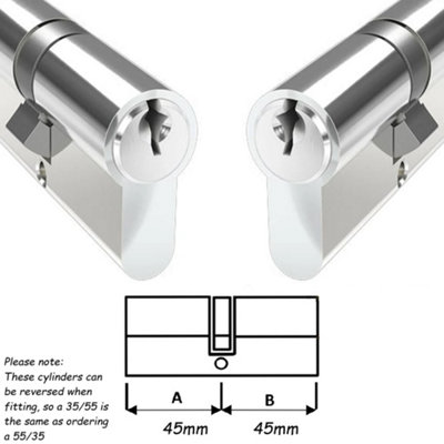 Keyed Alike Euro Cylinder Lock Pair 2 x Barrel Locks - 45/45 (90mm) Chrome