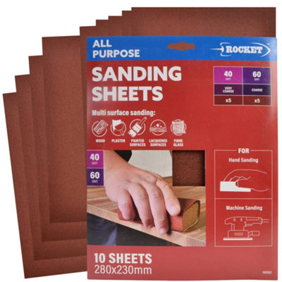 Keypak 10 Pack 280mm x 230mm Coarse Hand Sanding Sheets - 40/60 Grit ...