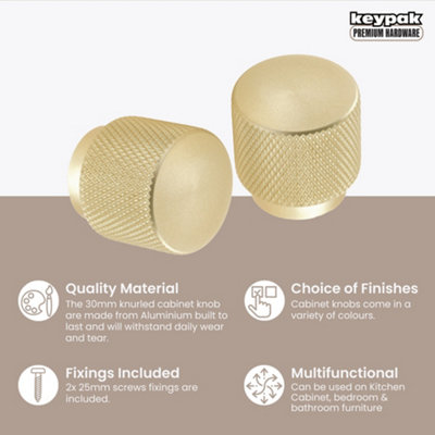Keypak 30mm Knurled Round Cabinet Knobs Brushed Brass, Set of 2 ...