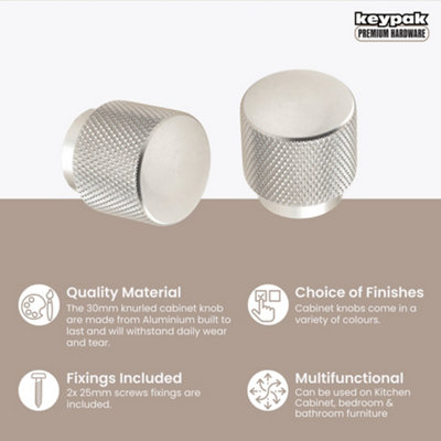Keypak 30mm Knurled Round Cabinet Knobs Satin Nickel, Set of 2 ...