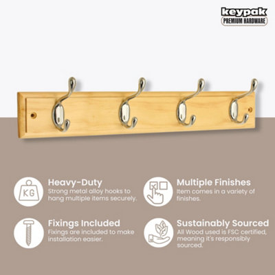 keypak 4-Hook Wall-Mounted Coat Rack, 45cm - Pine Wood Effect Board ...