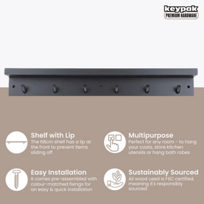 Keypak 6 Coat Hook with Shelf, 68cm Wall Mounted Wooden Coat Rack Hallway Kitchen Bathroom ...