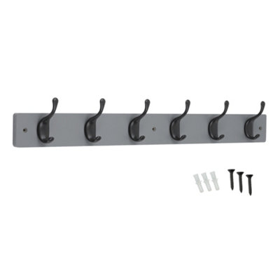 keypak 6 Matte Black Coat Hooks on Grey Wooden Board - 68cm Modern Wall ...
