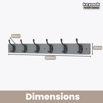 keypak 6 Matte Black Coat Hooks on Grey Wooden Board - 68cm Modern Wall ...