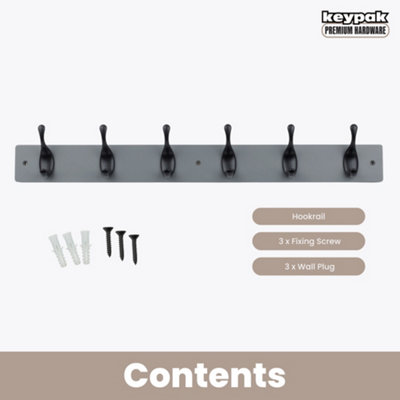keypak 6 Matte Black Coat Hooks on Grey Wooden Board - 68cm Modern Wall ...