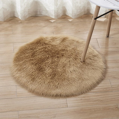 Khaki Fluffy Round Rug Plush for Living Room Nursery Rug 90 cm | DIY at B&Q