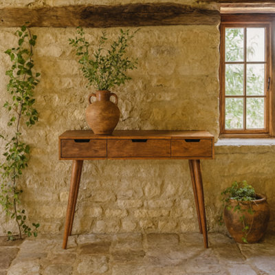 Khiao Chestnut Foldable Mirror Dressing Table in Solid Mango Wood