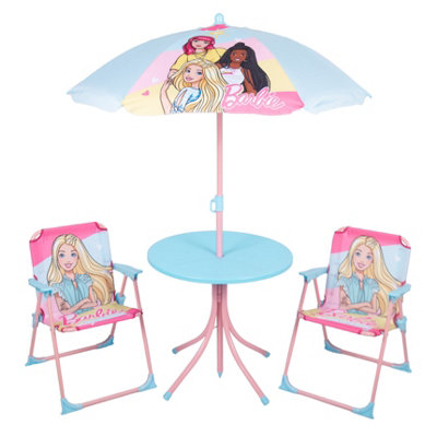 Kids Barbie Outdoor Bistro Patio Set: Table, 2x Chairs, Parasol ...