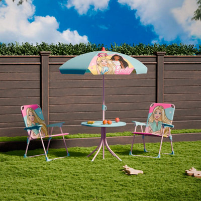 Kids Barbie Outdoor Bistro Patio Set: Table, 2x Chairs, Parasol ...