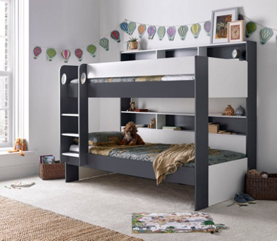 Kids Childs Single Grey & White Wood Bunk Bed,Wooden Shelf Storage Bed ...