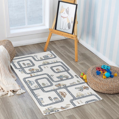 Kids Machine Washable Beige/Grey Bedroom Vroomville Area Rug 80 x 150 ...