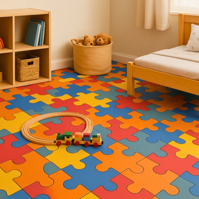 Kids Playroom Jigsaw Pattern Vinyl Flooring Soft, Waterproof, Easy ...