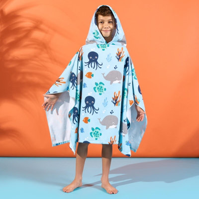 Kids Poncho Beach Towel Hooded Quick Dry Microfibre Holiday, Blue Under ...