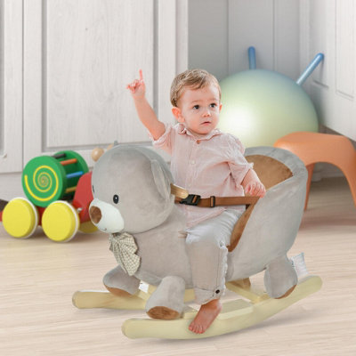 Kids Rocking Bear Plush Ride On Seat with Sound Button Wood Base Seat Belt
