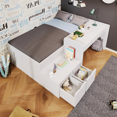 Kids Single Bed with Desk and Drawers, 90 x190 cm, White, 3ft Kids ...