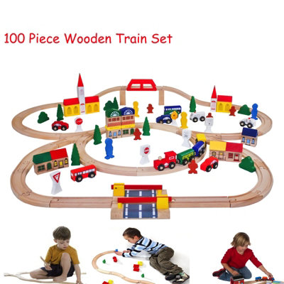 Kids Wooden Train Set 100-Piece City Traffic Railway Toy with Tracks ...