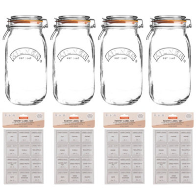 Kilner Clip Top Airtight Glass Jars 1.5 Litre & Pantry Labels Set