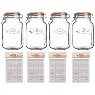 Kilner Square Clip Top Airtight Glass Jars 1.5 Litre & Pantry Labels Set