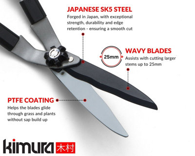 Kimura Pro Heavy Duty Lawn Shears - Premium Grass Shears, Wavy Japanese SK5 Steel Blades ...