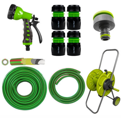 KIT 15 Garden Hose Reel Cart Set with 10m Premium Hose, 8-Pattern Spray ...