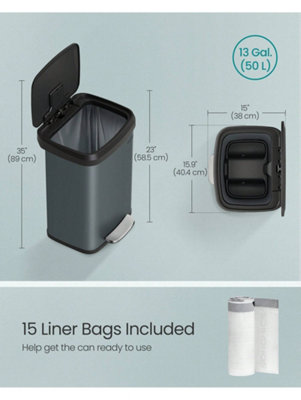 Kitchen Bin, 13 Gallon (50 L) Rubbish Bin, Metal Waste Pedal Bin With ...
