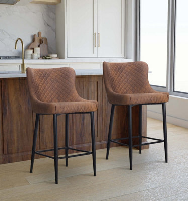Kitchen Breakfast Bar Stool in Faux Leather Suede Brown - Set of 2