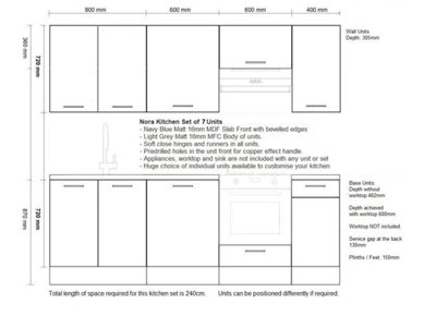 Kitchen Cabinet 8 Unit Set 240cm Navy Blue / Grey Base Wall Copper ...