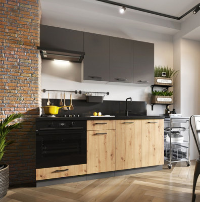 Kitchen Cabinet Set 6 Units 180cm Soft Close Oak / Dark Grey Storage Clara