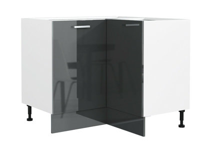 Kitchen Corner Unit Base Cabinet Cupboard L-Shape 900mm 90cm Grey Gloss ...