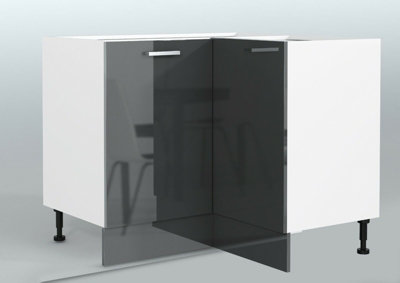 Kitchen Corner Unit Base Cabinet Cupboard L-Shape 900mm 90cm Grey Gloss ...